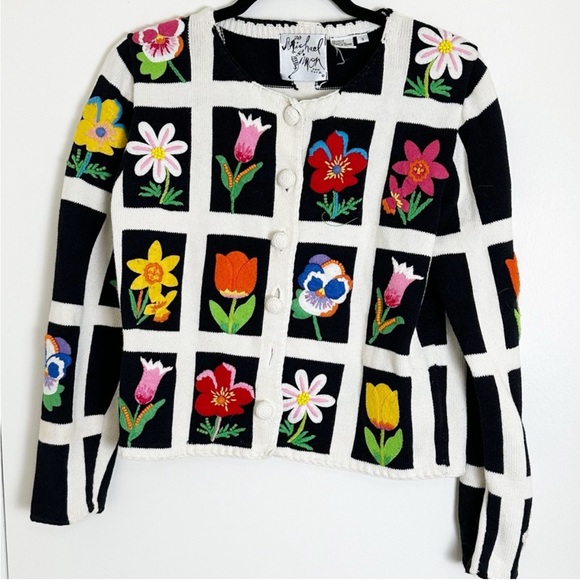 Michael Simon | Sweaters | Michael Simon Floral Grid Pattern Sweater Cardigan Black White Small ...